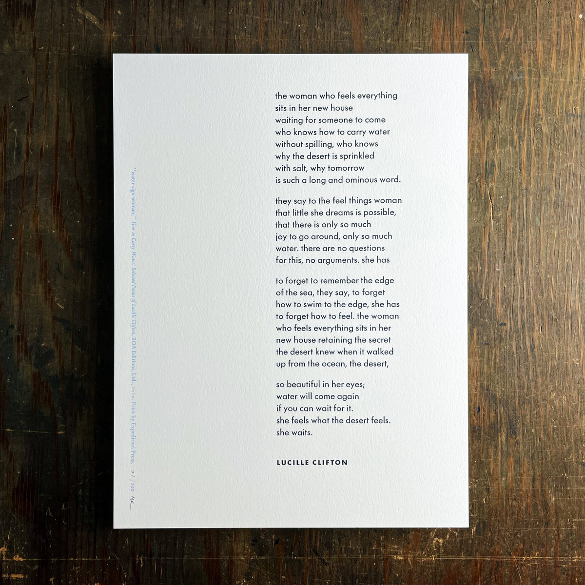 Lucille Clifton poetry broadside "water sign woman" | Expedition Press